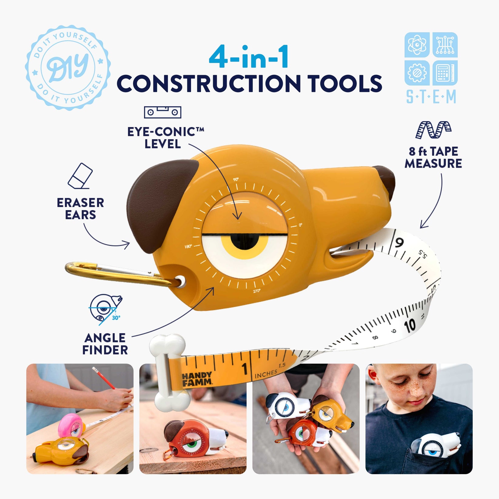 STEM Starter 4-in-1 Tool | Kids Tape Measure, Level & Eraser – HandyFamm